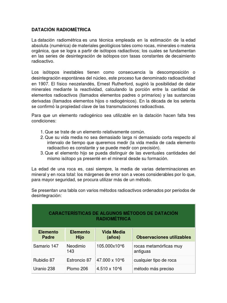 DATACIÓN RADIOMÉTRICA | PDF | Desintegración radioactiva | Elementos ...