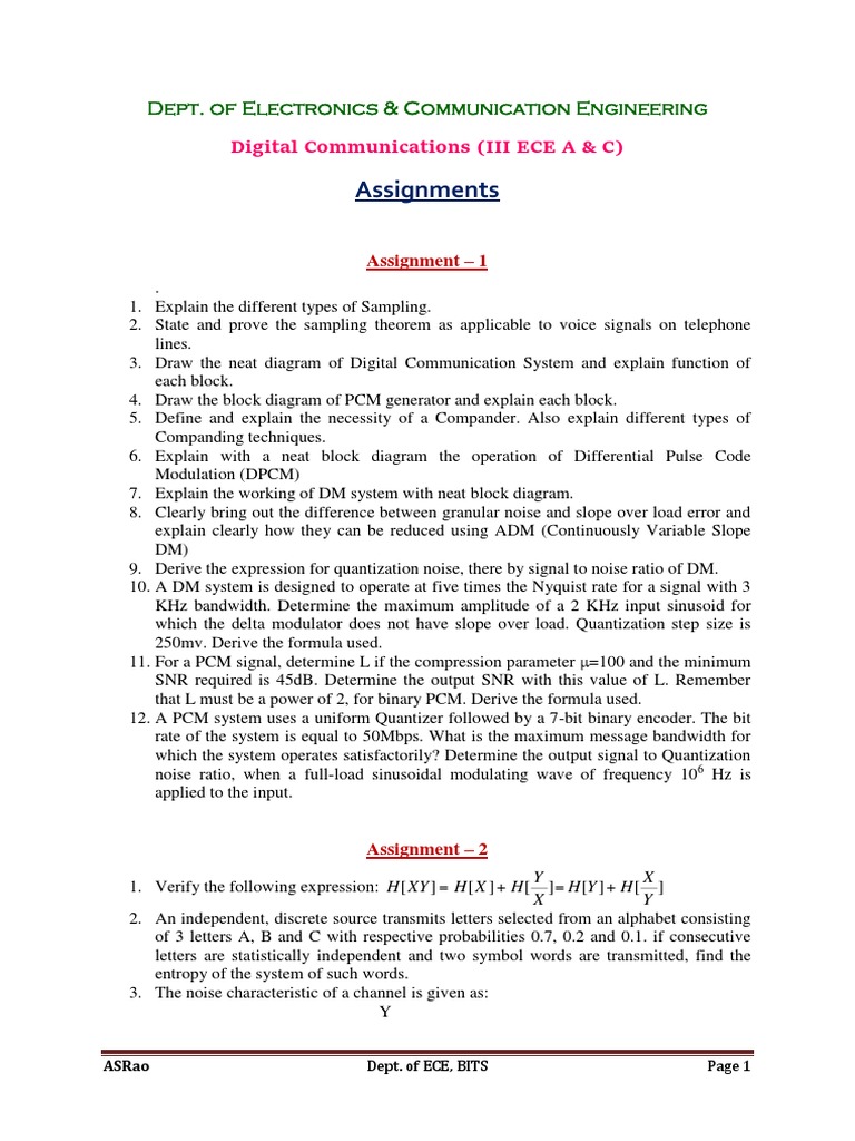 DC Assignments - 18-19 | PDF | Modulation | Signal To Noise Ratio