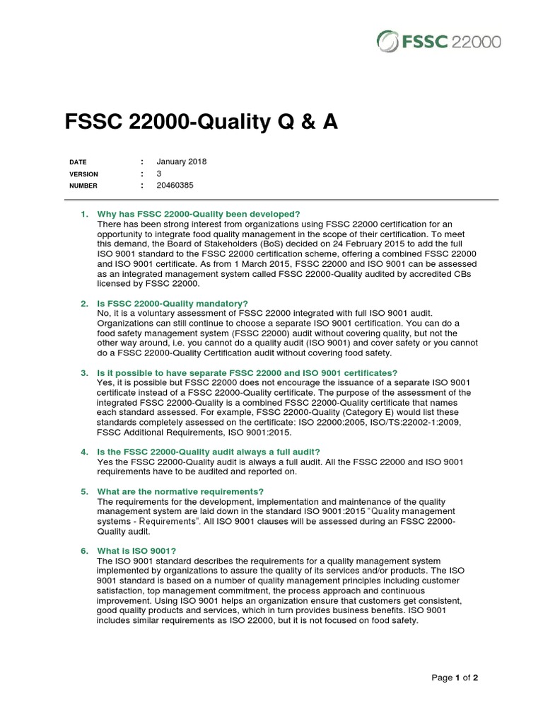 FSSC 22000 Quality Q - A 20180115 | PDF | Iso 9000 | Business