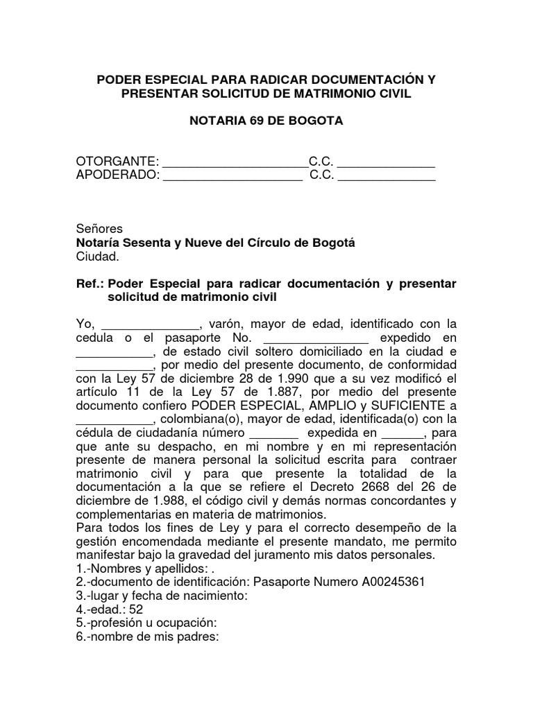Modelo de Poder Especial para Solicitar y Radicar Matrimonio | PDF