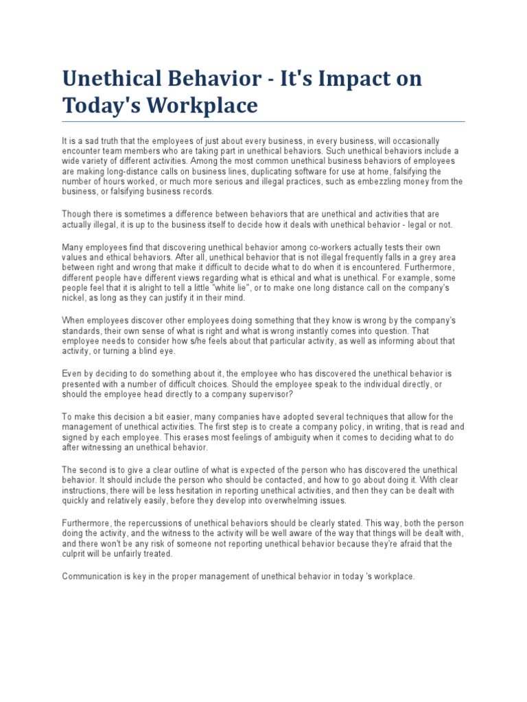Unethical Behavior - It's Impact On Today's Workplace | PDF ...