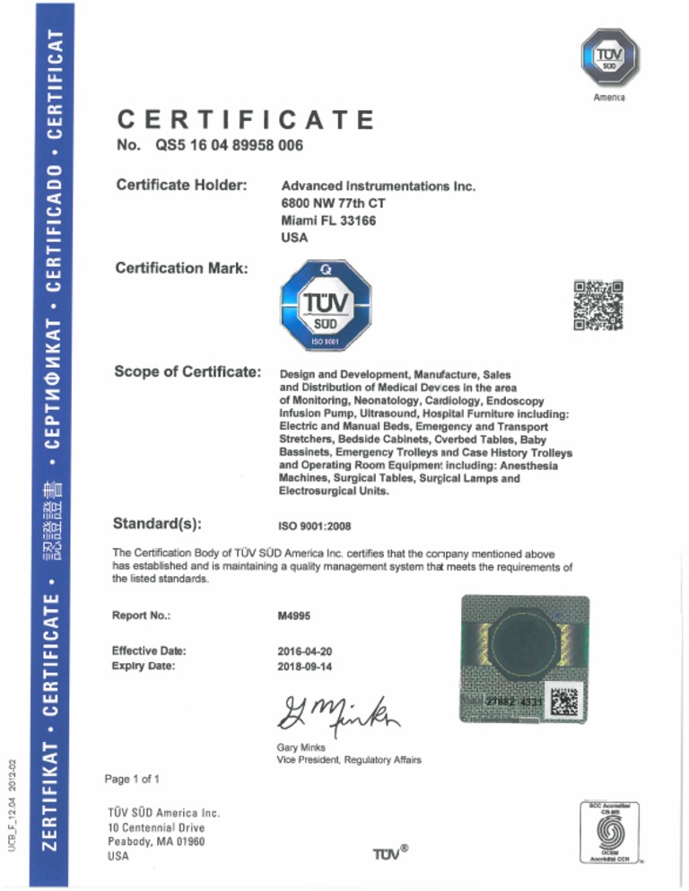 Advanced Instrumentations Inc ISO 9001 Certificate (14!9!2018) | PDF
