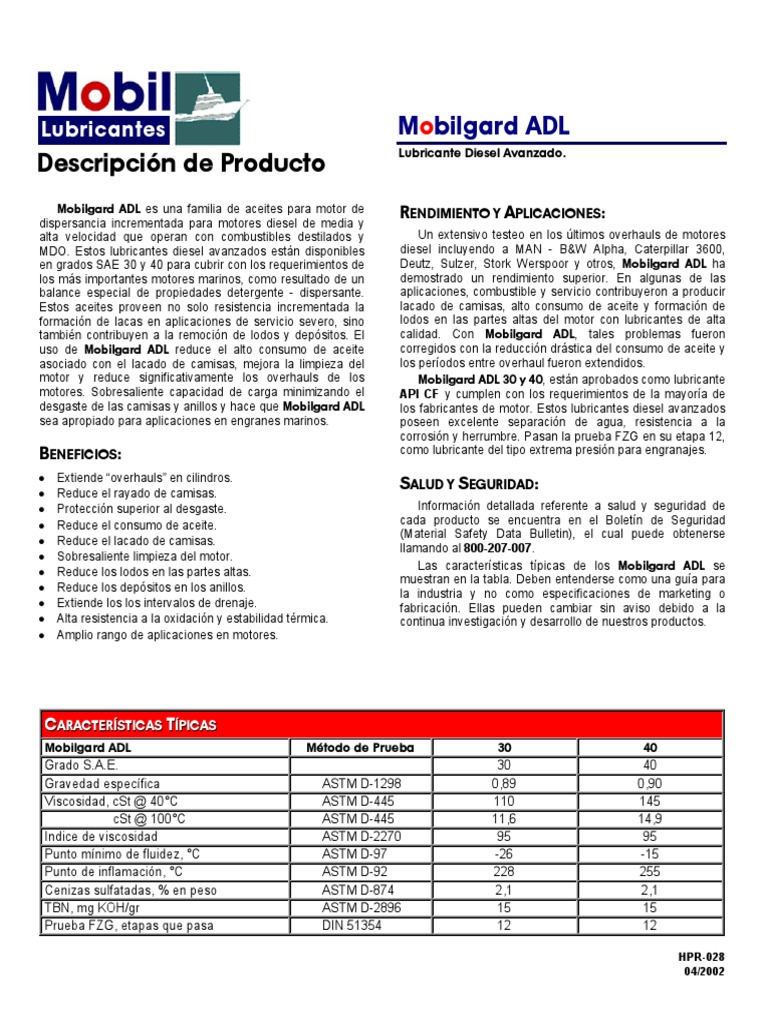 Mobilgard ADL | PDF | Lubricante | Materiales