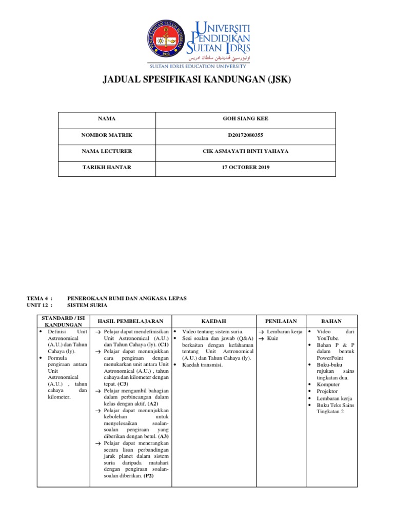Jadual Spesifikasi Kandungan Sains | PDF