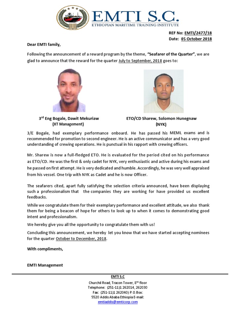 EMTI Seafarer of the Quarter Announcement | PDF