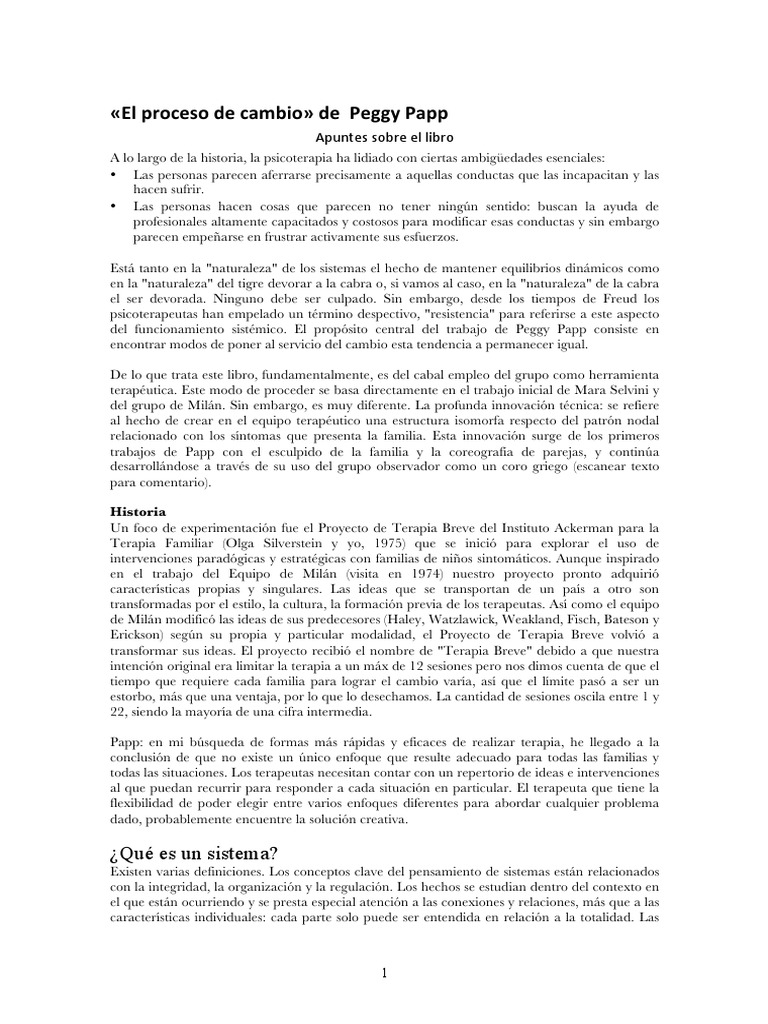Resumen - El Proceso de Cambio - Peggy Papp | PDF | Psicoterapia | Familia