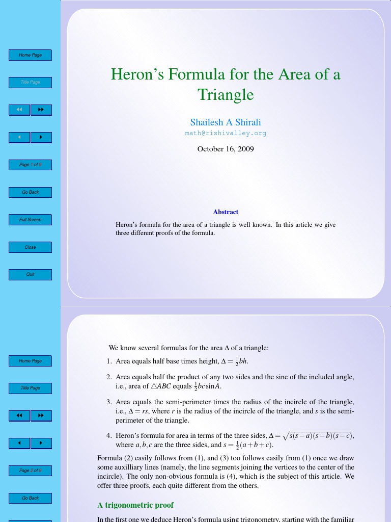 Heron's Formula For The Area of A Triangle - Shailesh A Shirali ...