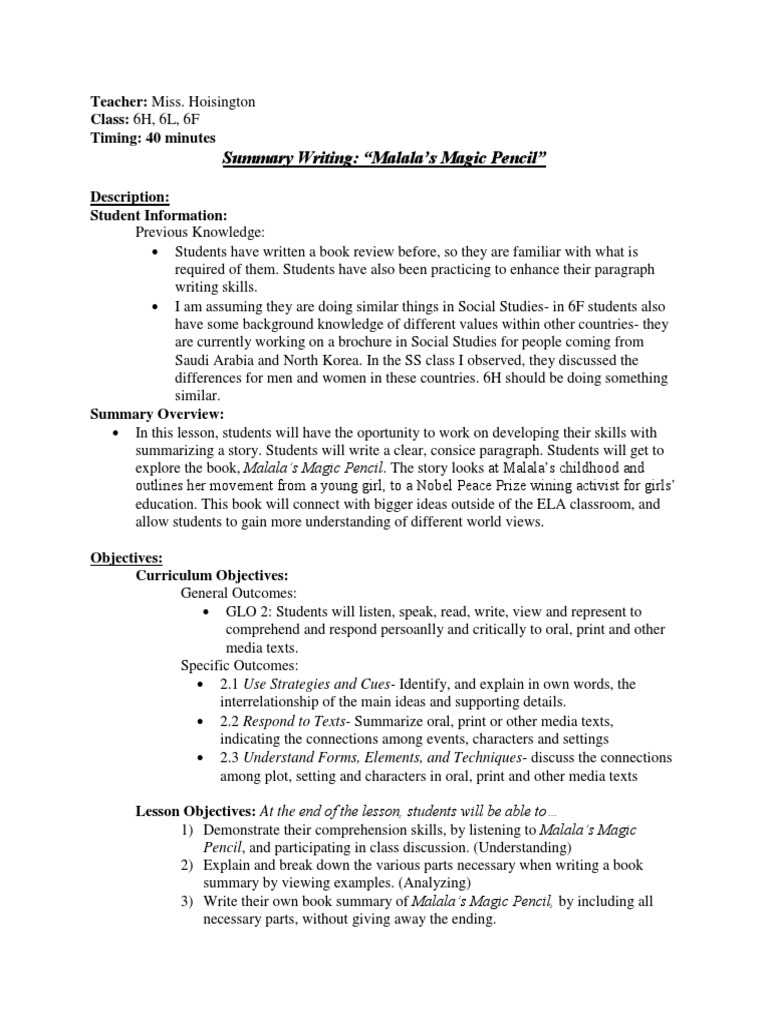 Summary Writing Lesson Portfolio | PDF | Malala Yousafzai | Reading ...