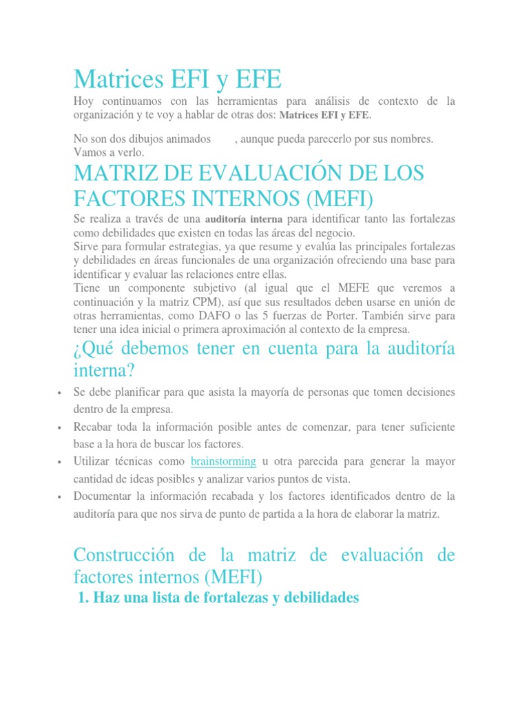 Matrices EFI y EFE | PDF | Análisis FODA | Cognición