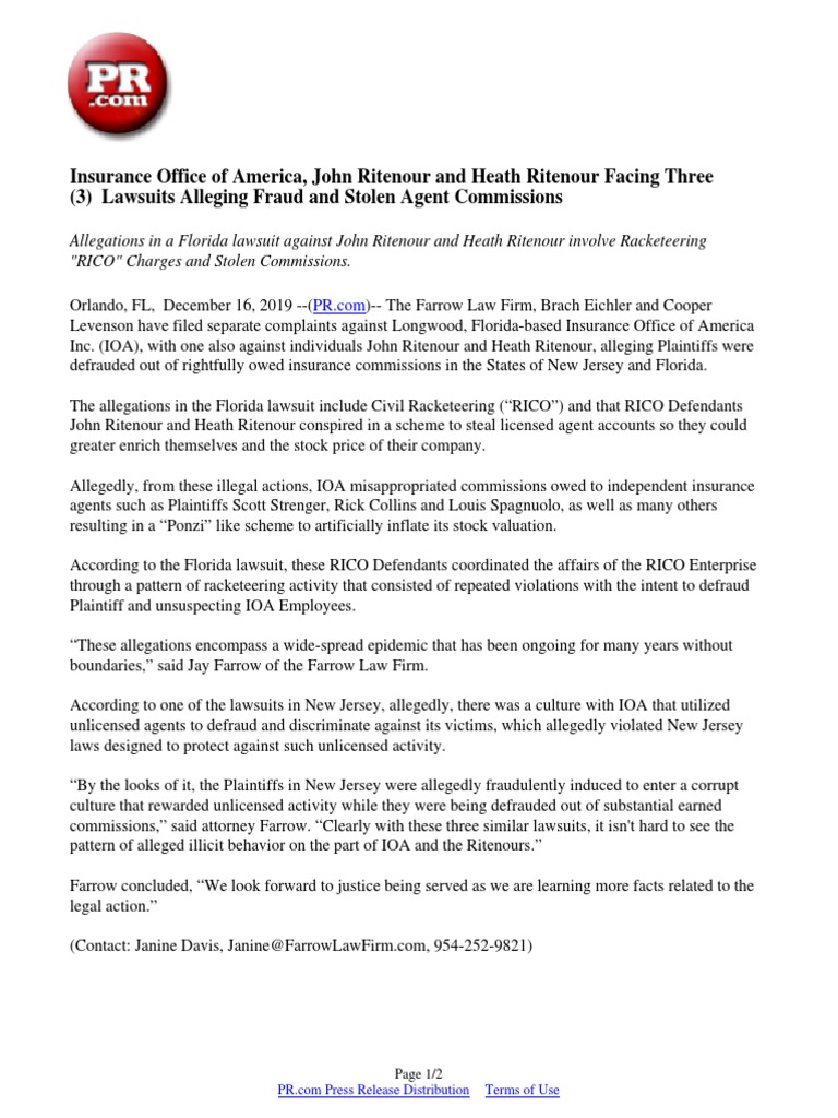 Insurance Office of America, John Ritenour and Heath Ritenour Facing ...