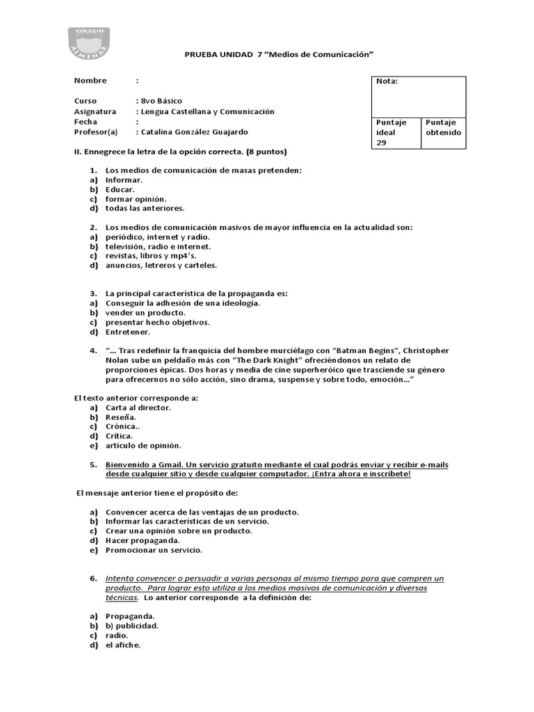 Prueba Unidad 7 8vo | Descargar gratis PDF | Medios de comunicación ...