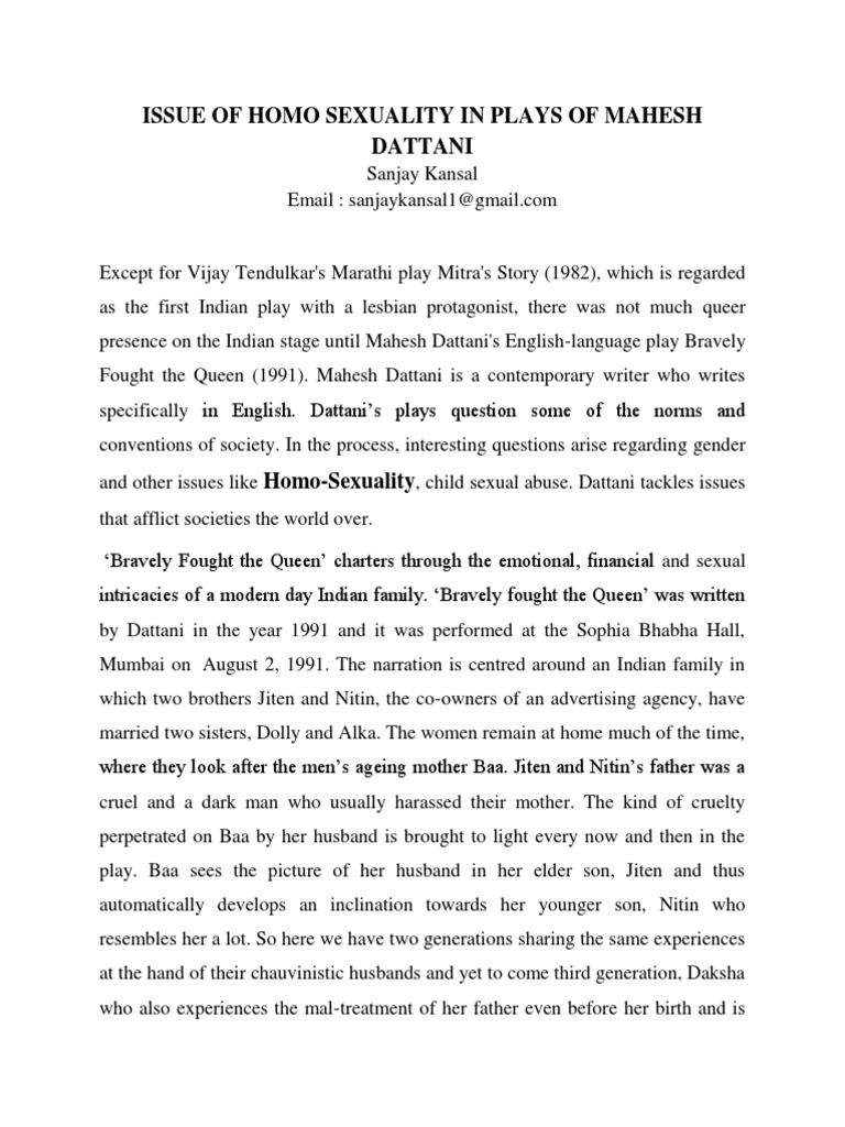 Issue of Homo Sexuality in Plays of Mahesh Dattani - Sanjay | PDF ...