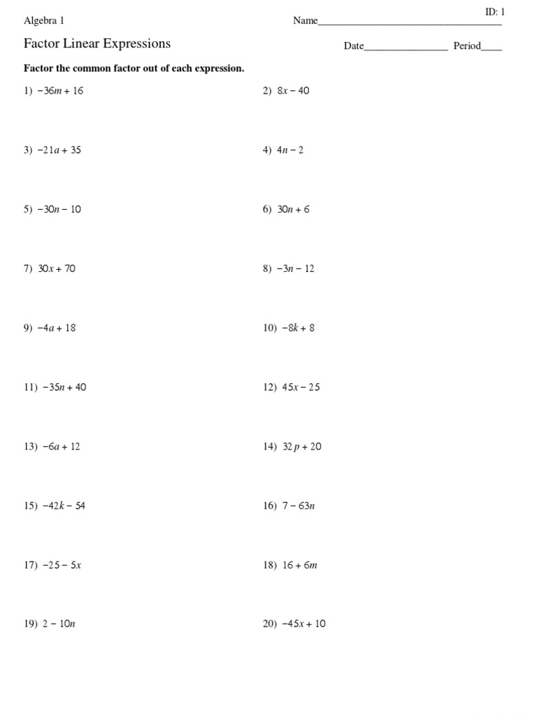 Factor Linear Expressions Practice | PDF | Algebra | Algebraic Structures