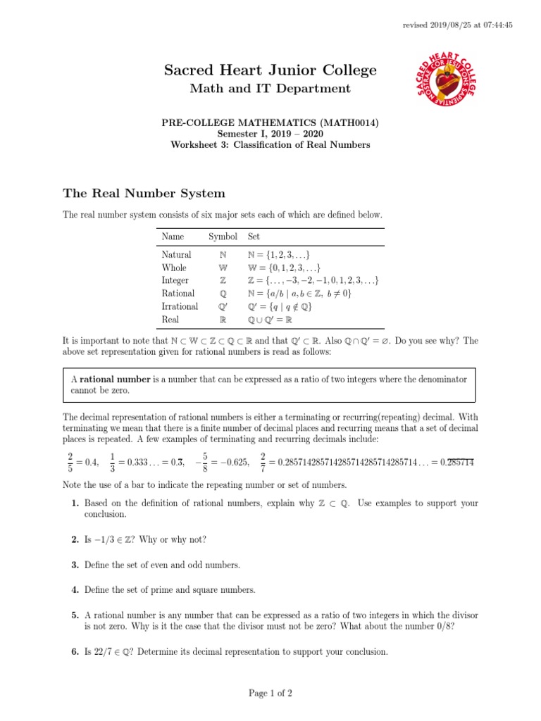 WS3 Classification of Real Numbers | PDF | Rational Number | Numbers