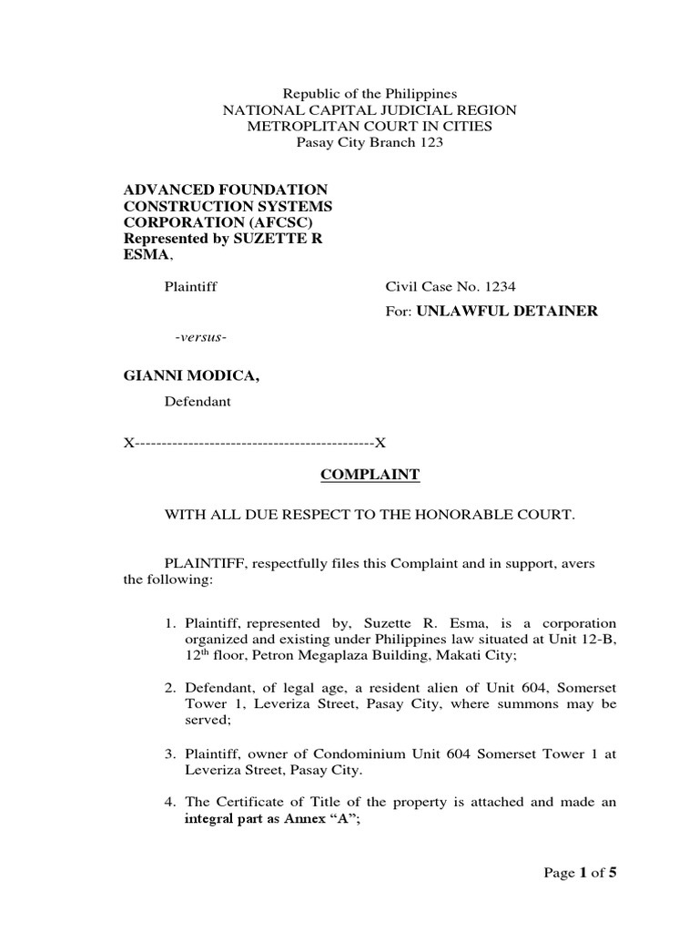 Civil Complaint Sample... | PDF | Plaintiff | Complaint