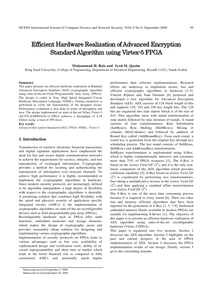 Efficient Hardware Realization of Advanced Encryption Standard Algorithm Using Virtex-5 FPGA ...