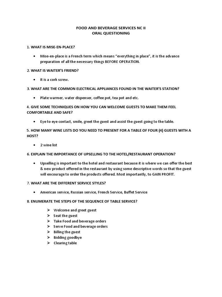 Preparing for Success: An Oral Questioning Guide for Food and Beverage ...