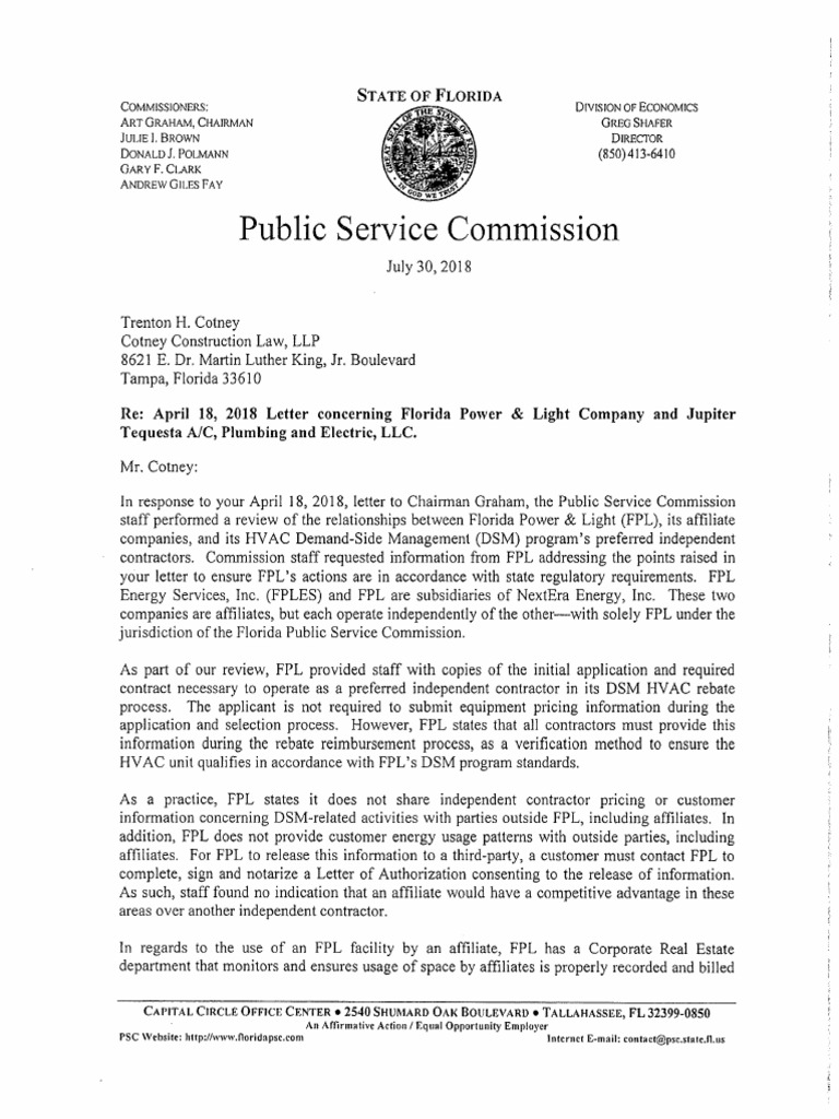 Florida PSC Letter On FPL | PDF | Government Information | Justice