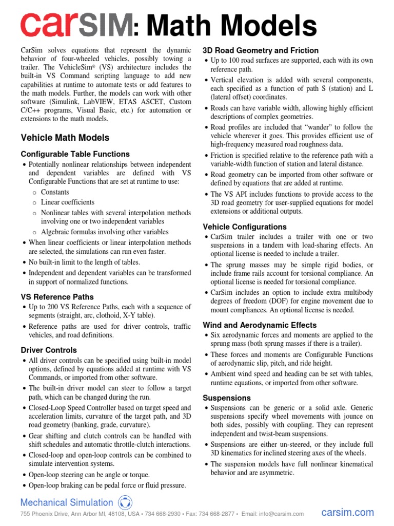 CarSim Math Models | PDF | Transmission (Mechanics) | Matlab