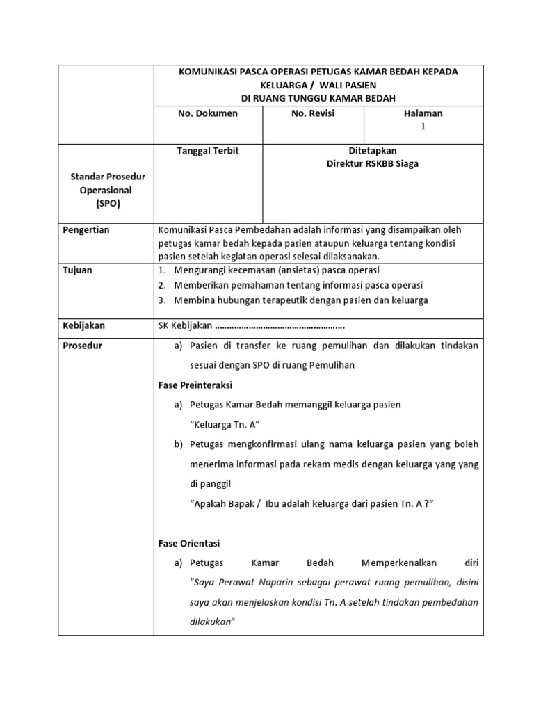Spo Komunikasi Pre, Intra Dan Pasca Operasi | PDF