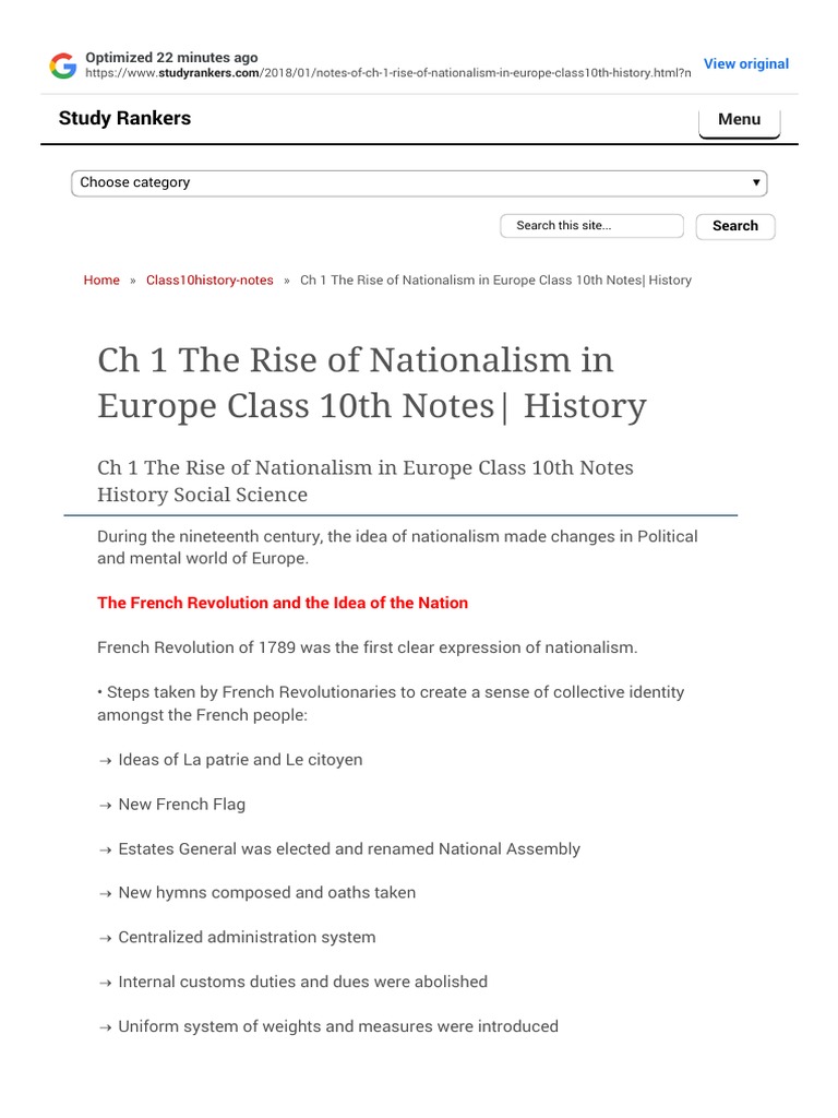 CH 1 The Rise of Nationalism in Europe Class 10th Notes - History Study ...