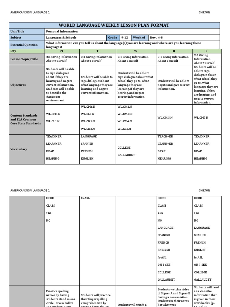 WL Weekly Grid and Lesson Plan Combo 1 | PDF | Sign Language | American ...