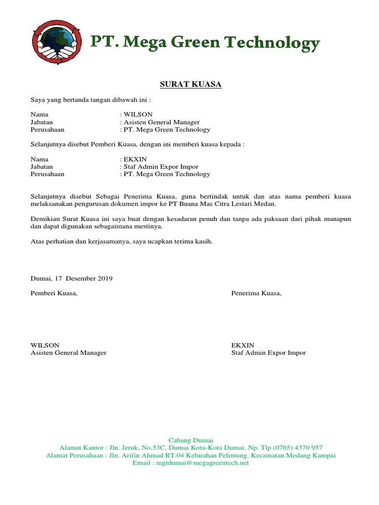 Surat Kuasa PT Mega Green Technology | PDF | Karier & Perkembangan | Bisnis