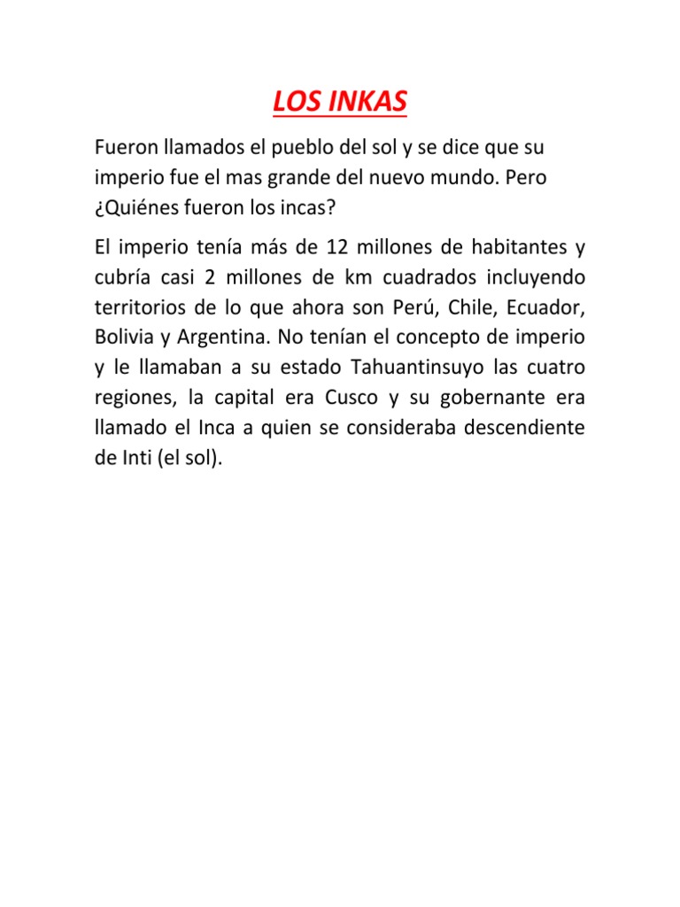 LOS INKAS Resumen | PDF | Imperio Inca | Andes