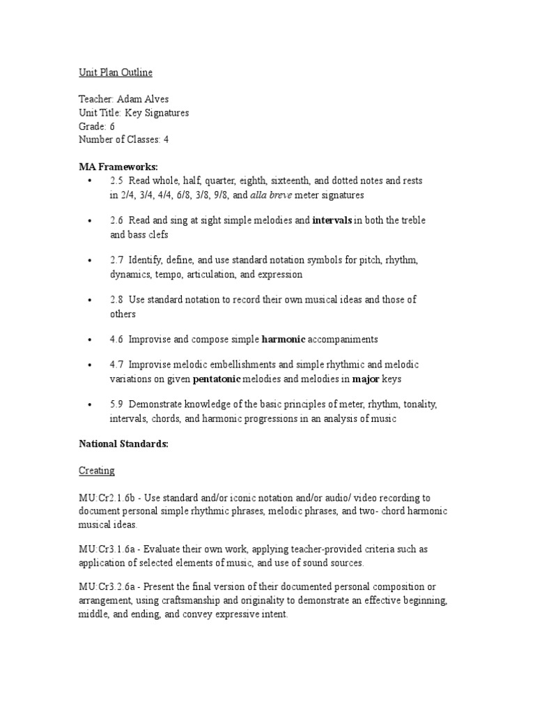 Grade 6 Key Signatures Unit Plan | PDF | Harmony | Musical Notation