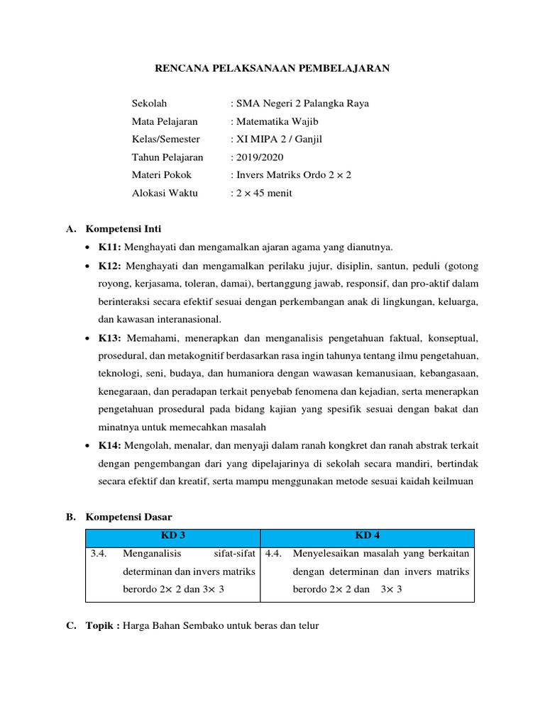 RPP Matematika: Invers Matriks 2x2 | PDF