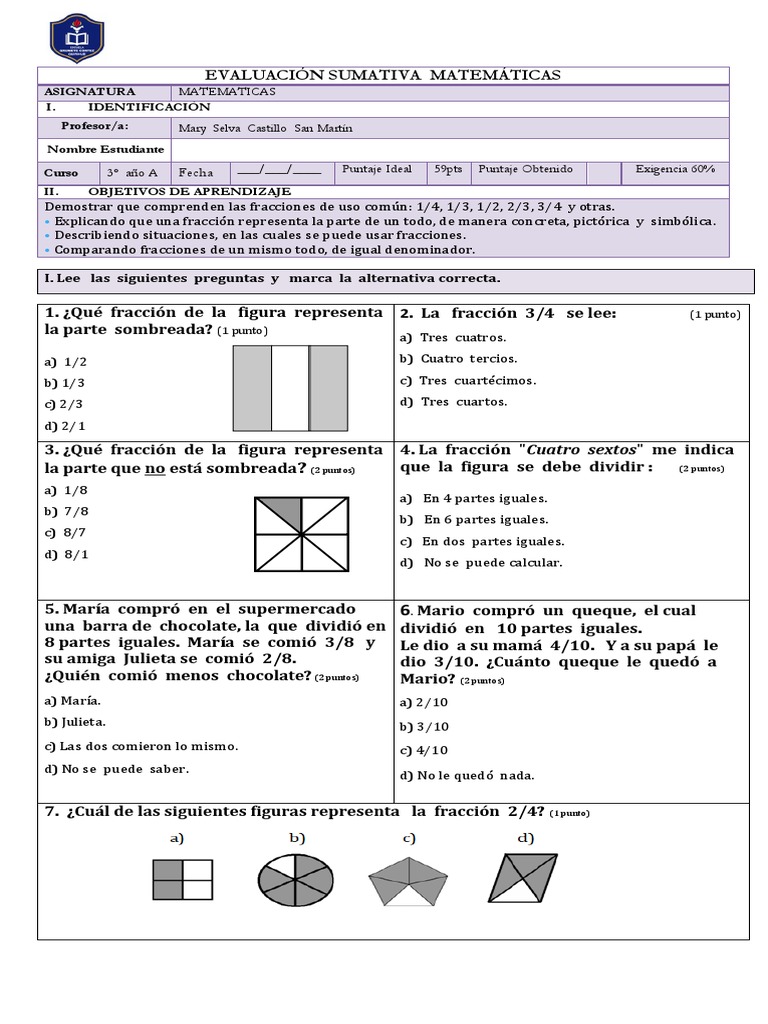 Fracciones Prueba | PDF | Fracción (Matemáticas) | Enseñanza de matemática
