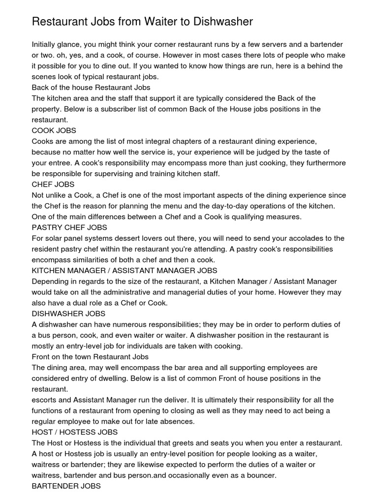 Restaurant Jobs From Waiter To Dishwasher | PDF | Waiting Staff | Chef