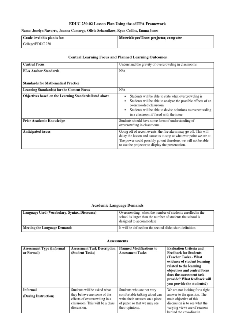 Overcrowding in Classrooms Lesson Plan | PDF | Educational Assessment ...