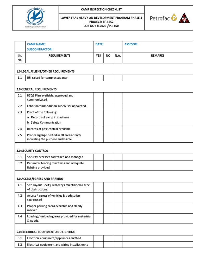01 Form - Camp Inspection Audit | PDF | Refrigerator | Kitchen
