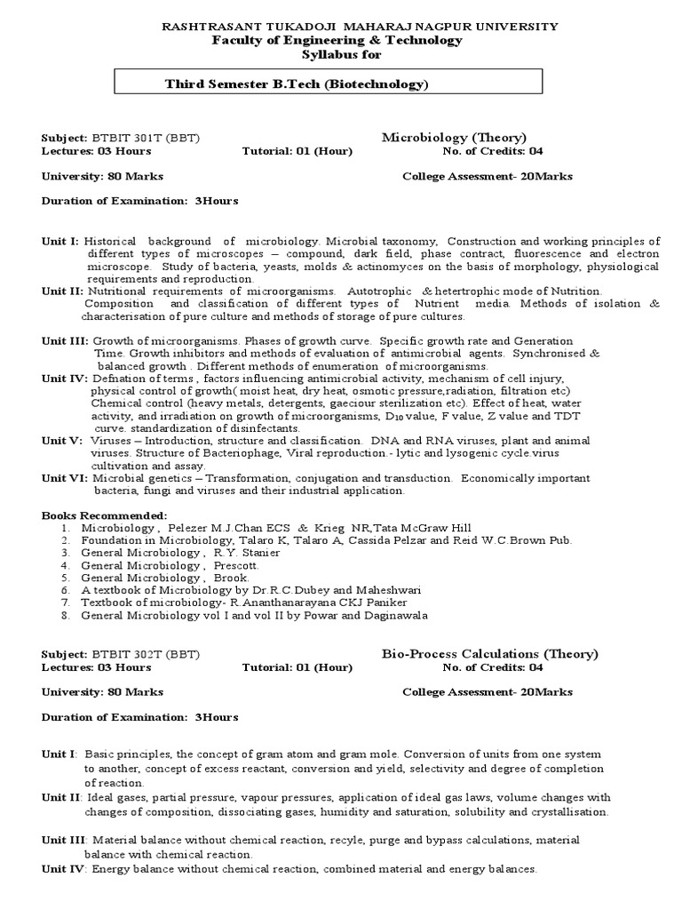 B.Tech Biotechnology Third Semester Syllabus | PDF | Metabolism | Cell ...