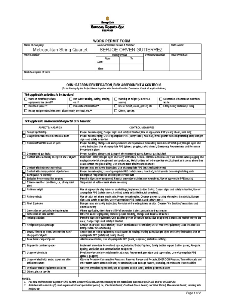 OPEG-446-14F4, Work Permit & Exit Pass Form | Personal Protective ...