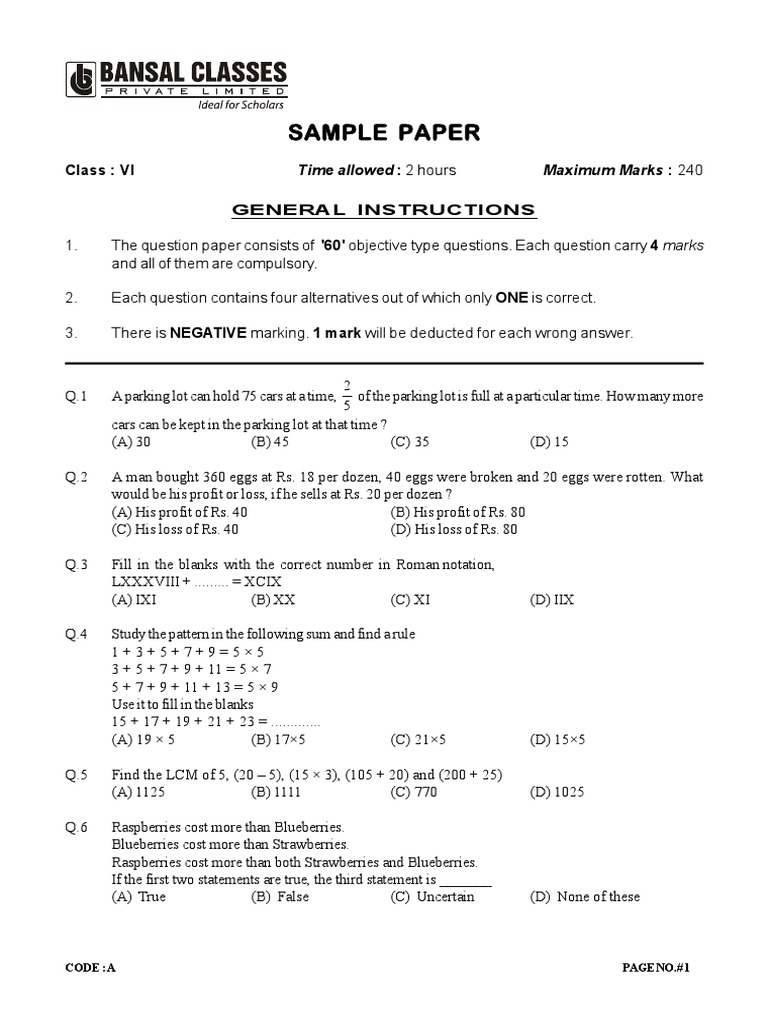 Class 6 Aptitude Sample Paper | PDF | Solution | Chemical Substances
