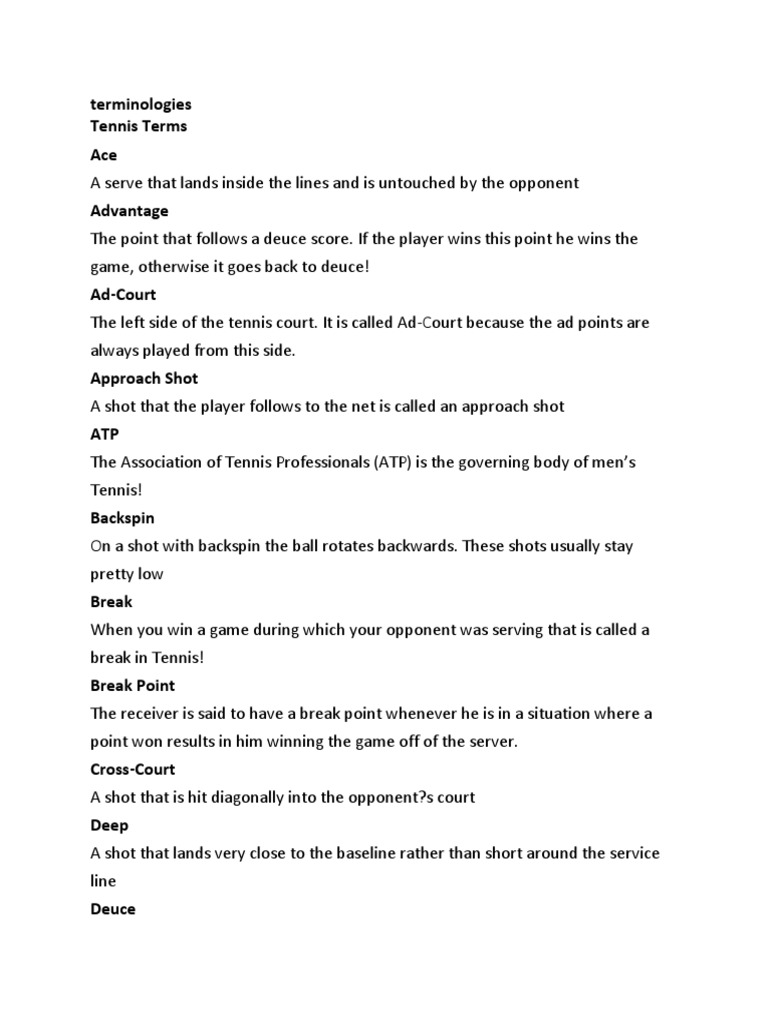A Guide to Tennis Terminology and the Different Types of Serves | PDF ...