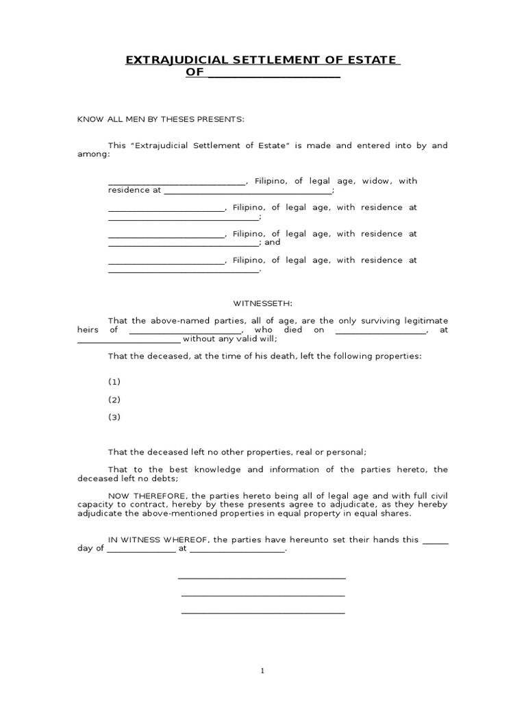 Extrajudicial Settlement. Standard Format | PDF | Law And Economics ...