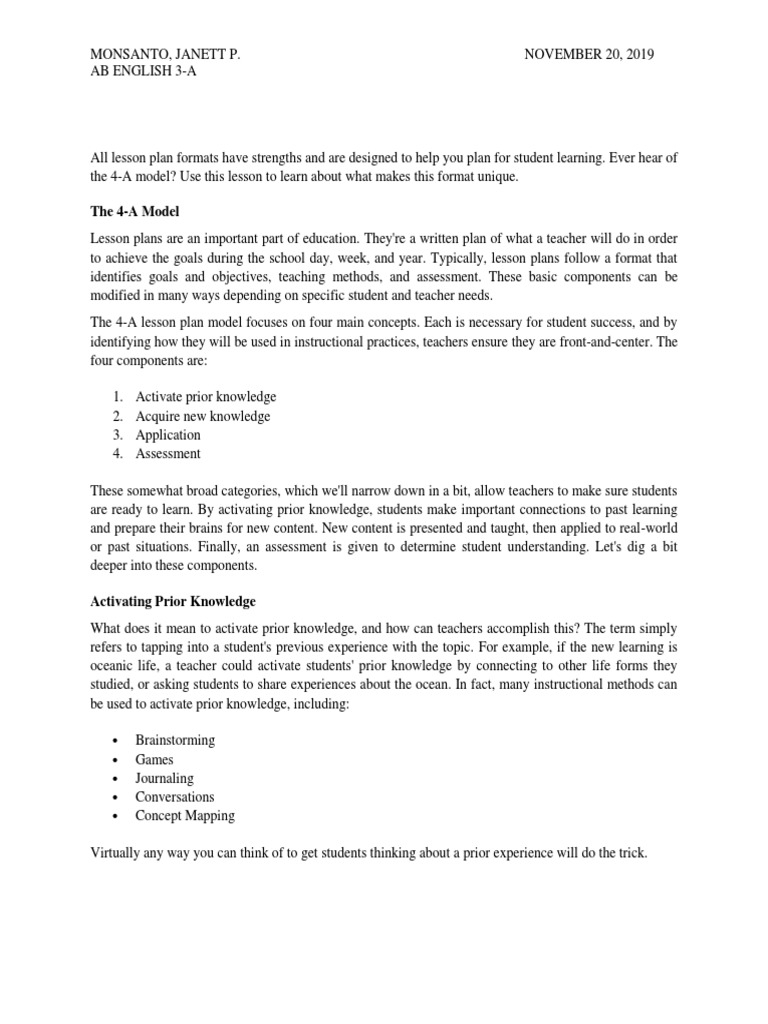 The 4-A Model: A Lesson Plan Format Focused on Activating Prior ...