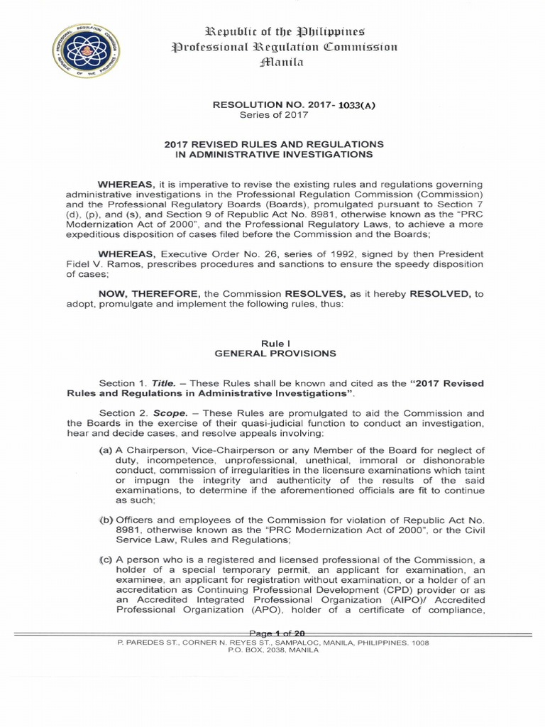 PRC 2017 Revised Rules and Regulations in Administrative Investigations ...
