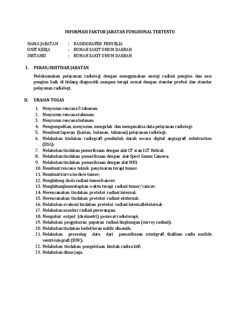 Uraian Tugas Radiografer Penyelia | PDF