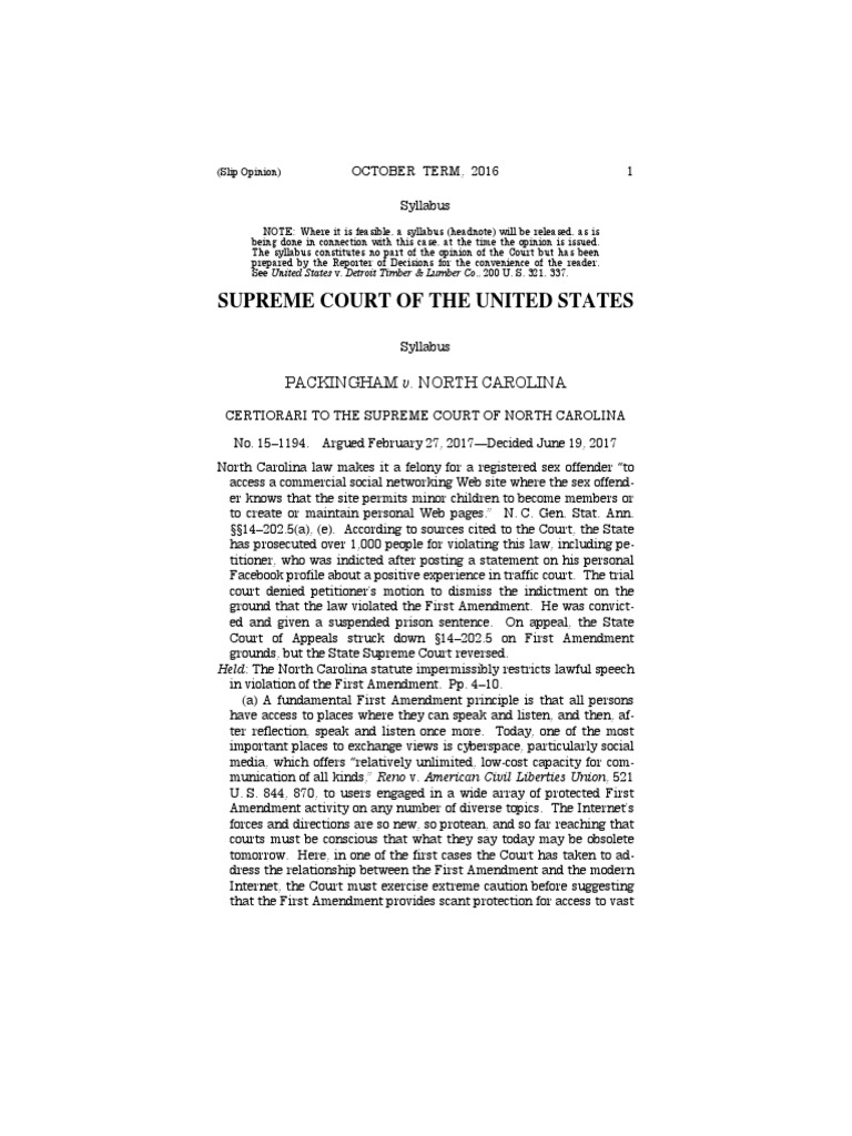 Packingham V North Carolina PDF | PDF | First Amendment To The United ...