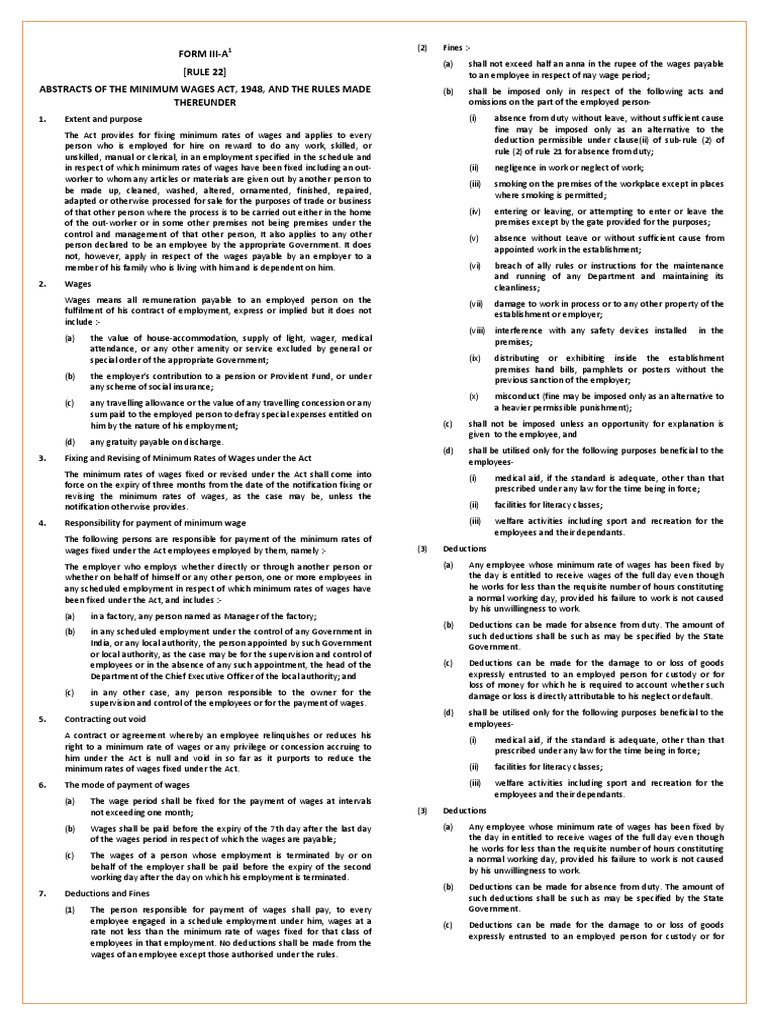 FORM III-A Abstract Under The Minimum Wages Act, 1948, and The Rules, 1961 (English Version ...