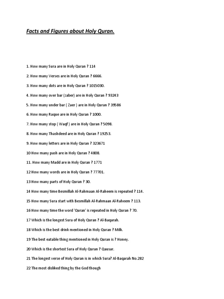 Facts and Figures About Holy Quran | PDF | Surah | Muhammad