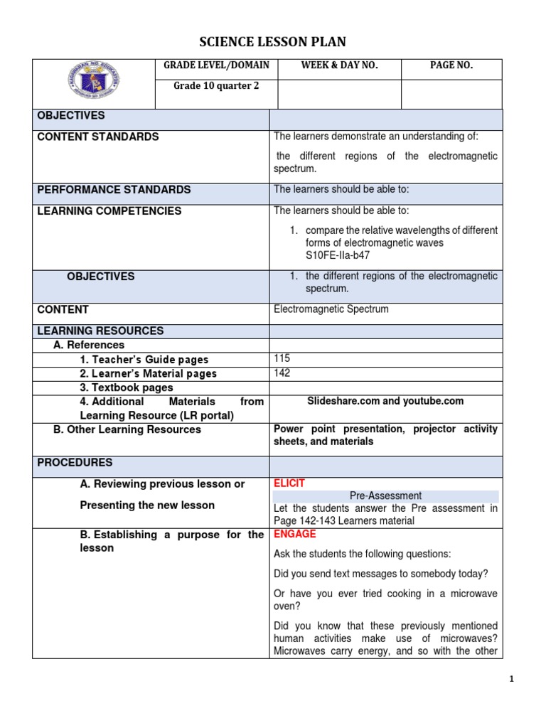 SCIENCE LESSON PLAN Quarter 2 | PDF | Electromagnetic Radiation | Waves