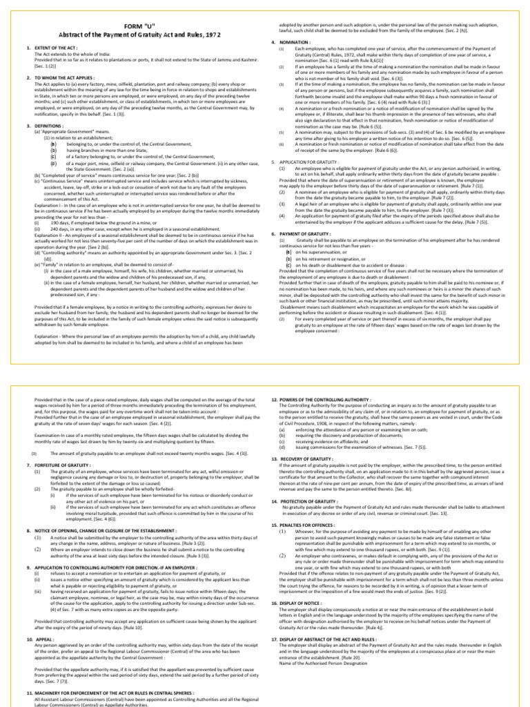 Form U Abstract of The Payment of Gratuity Act, 1972 (English Version ...