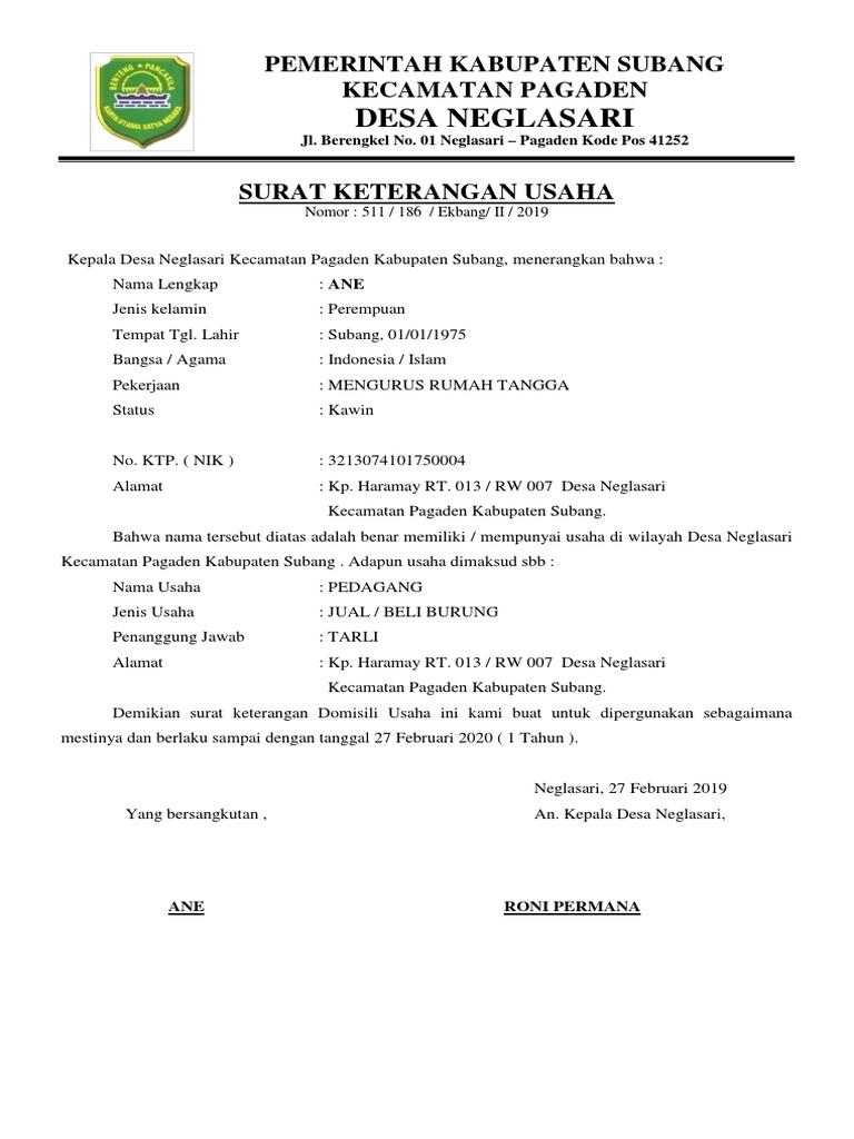 Surat Keterangan Usaha Sku 2019 Tarli | PDF
