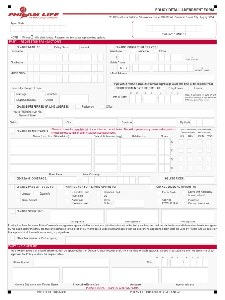 AIA Philam Life Policy Detail Amendment Form PDF | PDF | Insurance ...