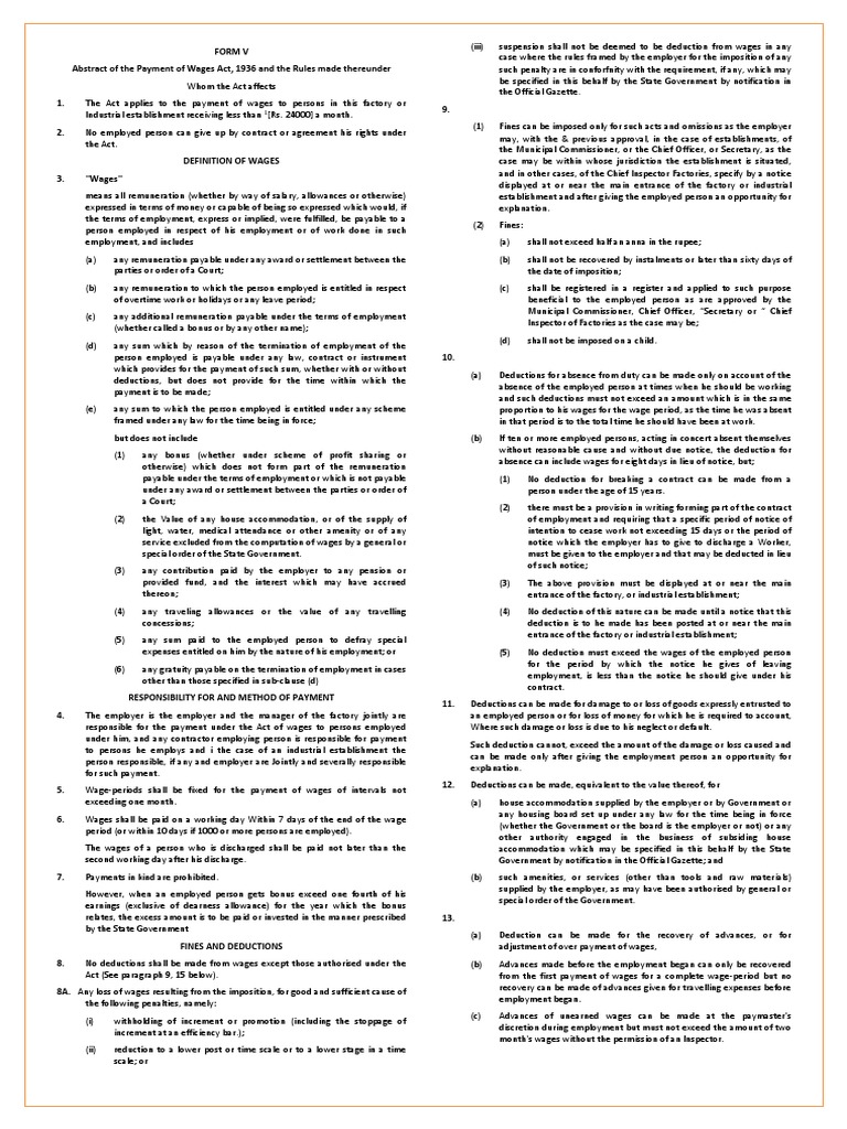 FORM V Abstract Under The Payment of Wages Act, 1936 (English Version ...